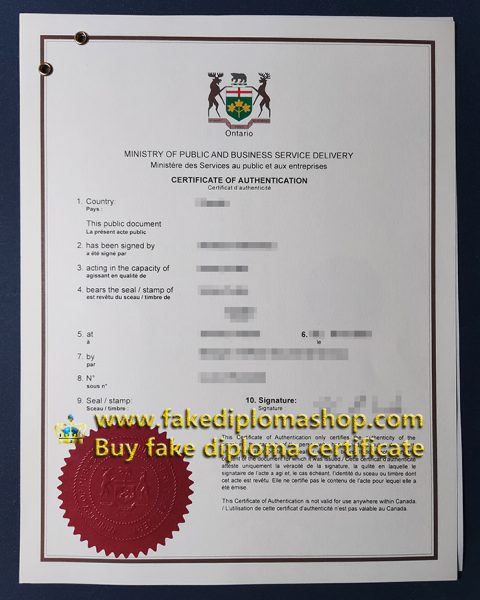 Canada certificate of Authentication University of Toronto